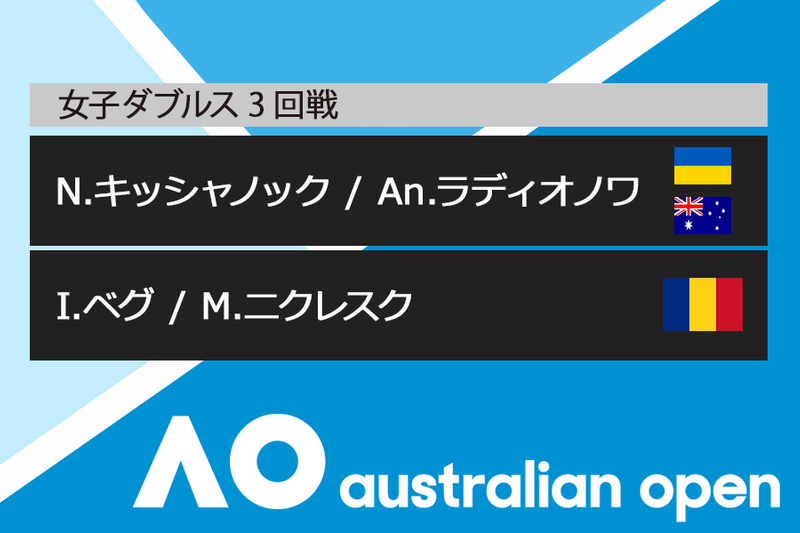 全豪オープンテニス2018【ダブルス】 女子3回戦 Nキッシャノック Anラディオノワ Vs Iベグ Mニクレスク