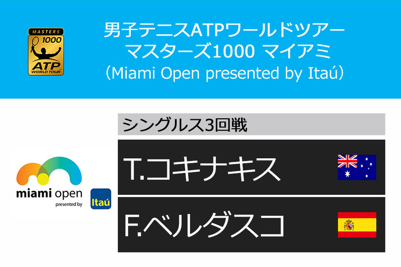 男子テニスatpワールドツアー2018 マスターズ1000 マイアミ シングルス3回戦 Tコキナキス Vs Fベルダスコ Wowow
