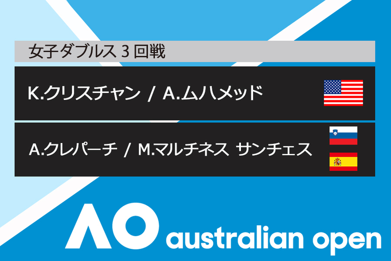 全豪オープンテニス2019【ダブルス】 女子3回戦 Kクリスチャン Aムハメッド Vs Aクレパーチ Mマルチネス サンチェス
